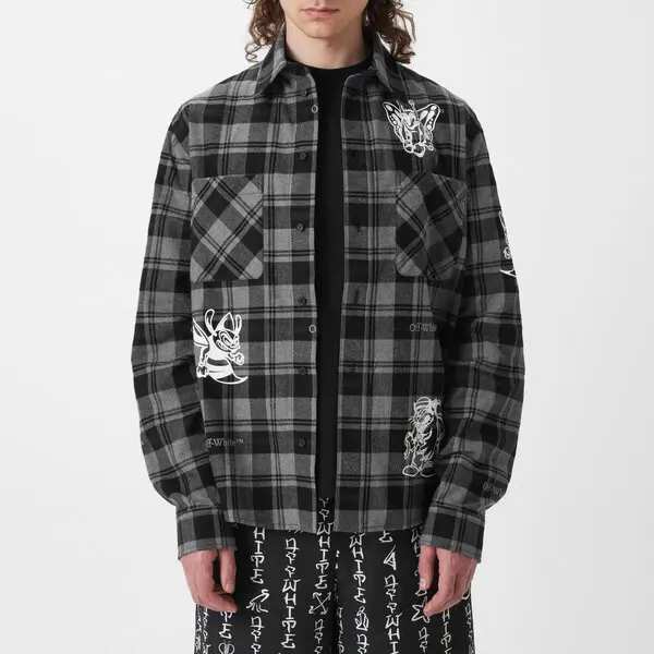 Off-White Cartoon Print Grey Plaid Flannel Shirt