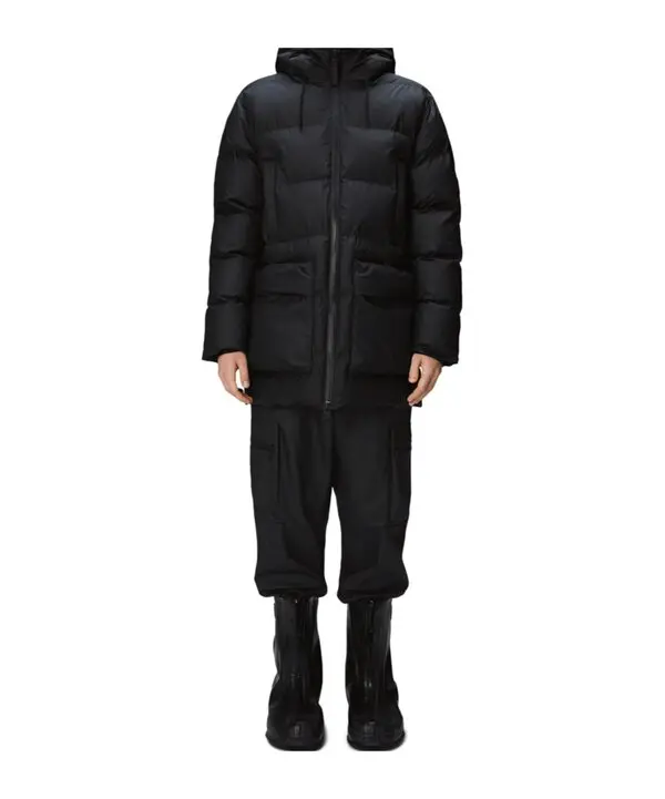 Rains Alta Long Puffer Cargo Jacket With Insulated Hood - Black