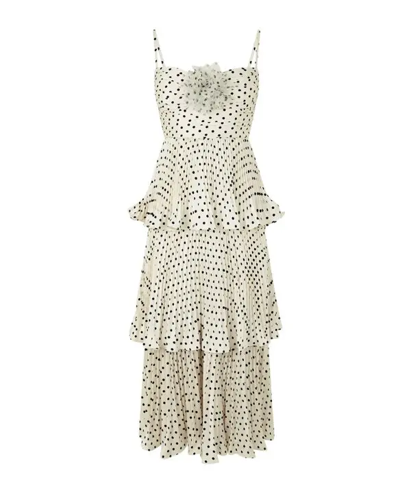 SELF-PORTRAIT Polka Dot Tiered Midi Dress With Floral Embellishment