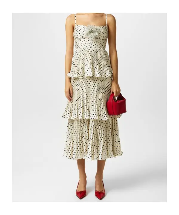 SELF-PORTRAIT Polka Dot Tiered Midi Dress With Floral Embellishment