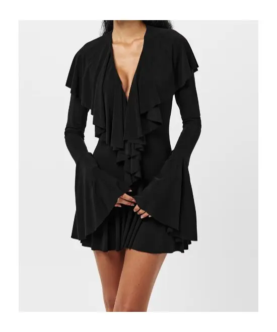 Norma Kamali Long Sleeve Ruffled V-neck Dress