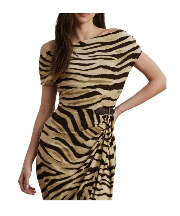 Ralph Lauren Tiger-stripe Print Off-the-shoulder Midi Dress