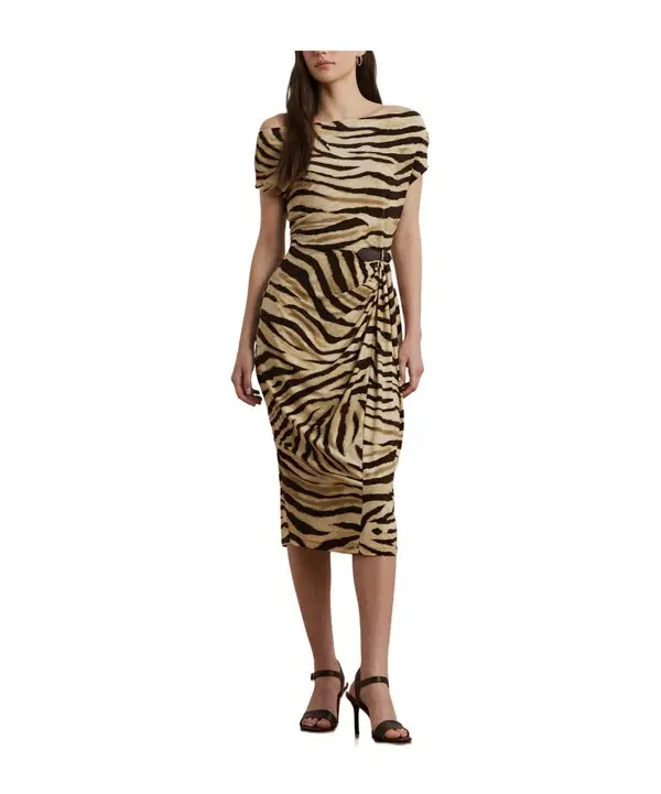 Ralph Lauren Tiger-stripe Print Off-the-shoulder Midi Dress