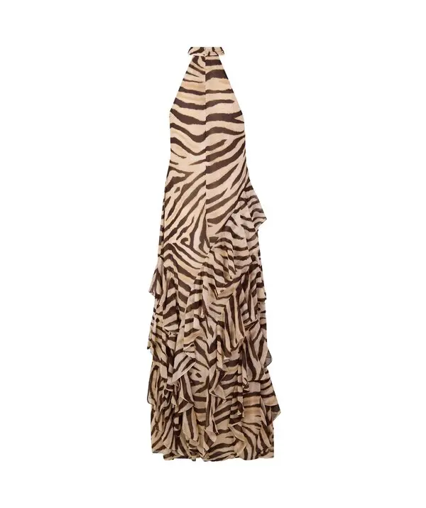 Ralph Lauren Zebra Print Halterneck Ruffled Maxi Dress