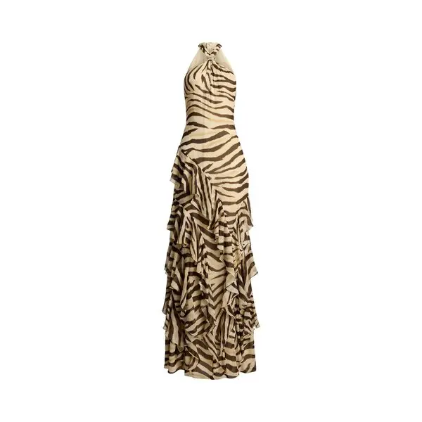 Ralph Lauren Zebra Print Halterneck Ruffled Maxi Dress