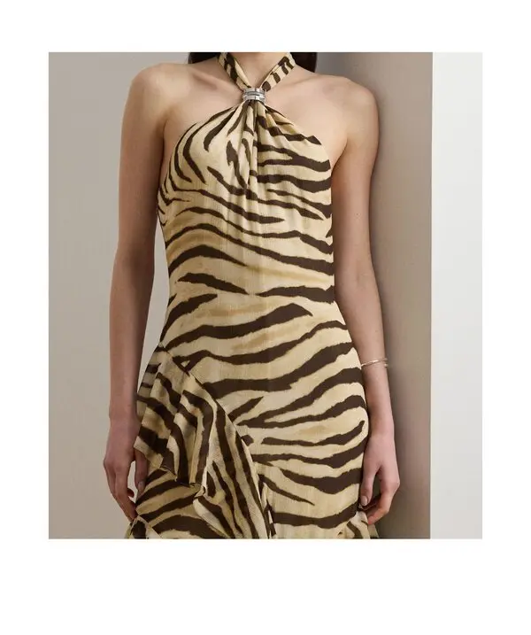 Ralph Lauren Zebra Print Halterneck Ruffled Maxi Dress