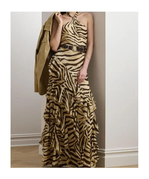 Ralph Lauren Zebra Print Halterneck Ruffled Maxi Dress