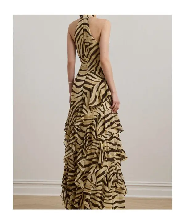 Ralph Lauren Zebra Print Halterneck Ruffled Maxi Dress
