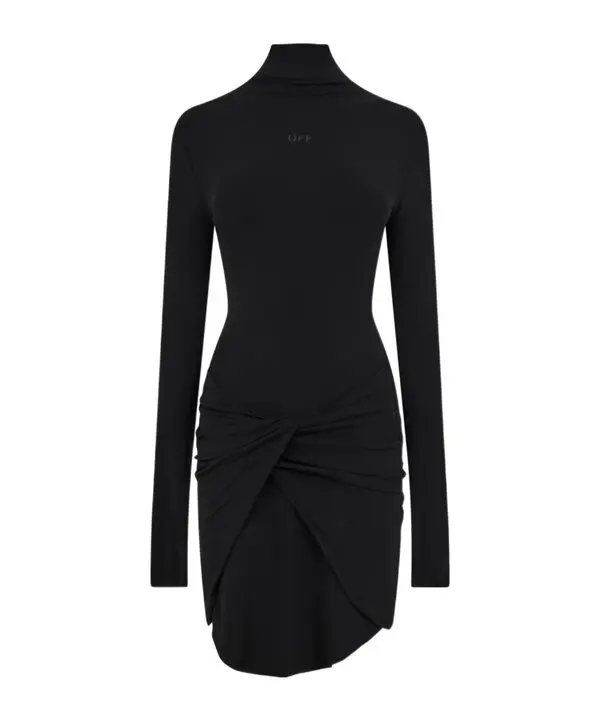 Off-White Long-sleeve High-neck Asymmetrical Hem Mini Dress