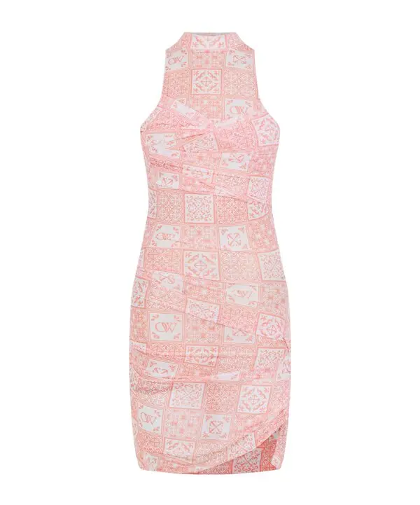 Off-White Printed High Neck Ruched Mini Dress