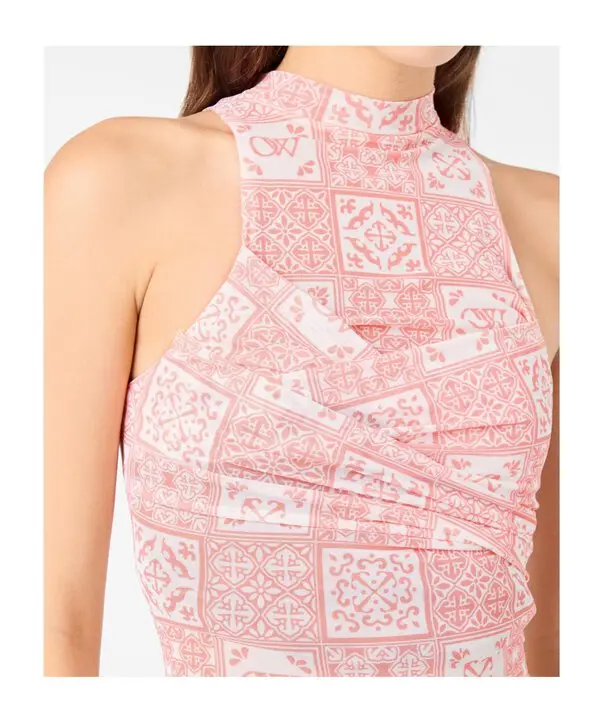 Off-White Printed High Neck Ruched Mini Dress