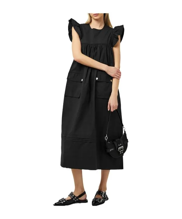 GANNI Maxi Dress With Frill Sleeves And Patch Pockets - Black