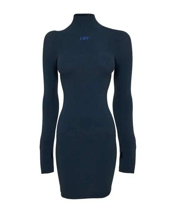 Off-White High Neck Long Sleeve Logo Dress - Black