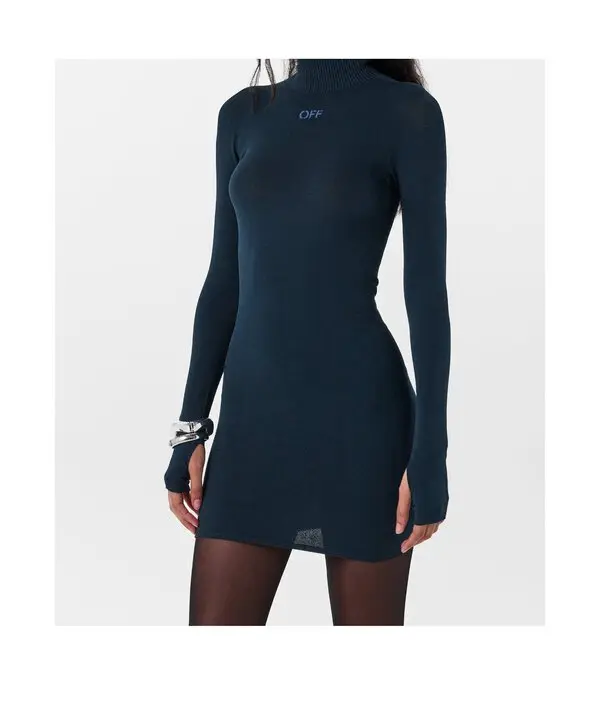 Off-White High Neck Long Sleeve Logo Dress - Black