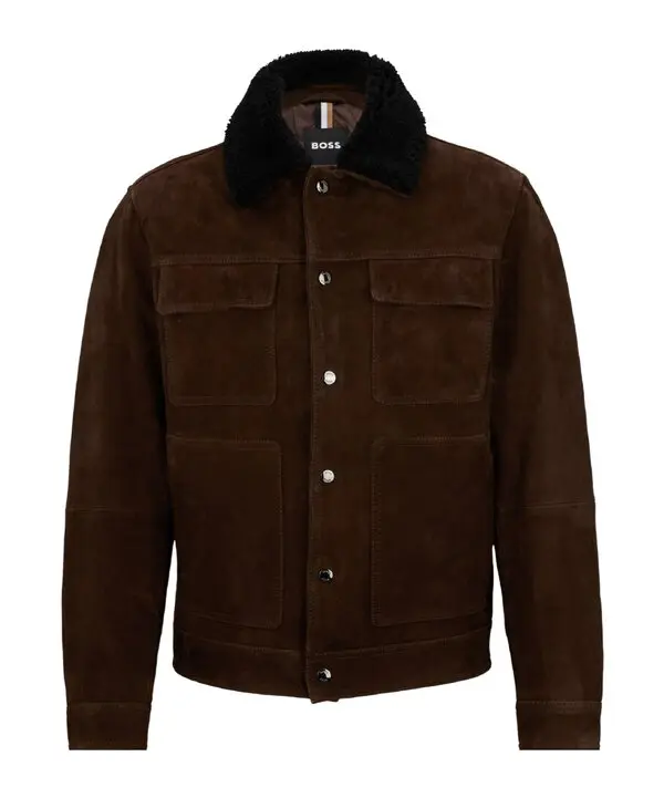 Hugo Boss Suede Trucker Jacket With Shearling Collar