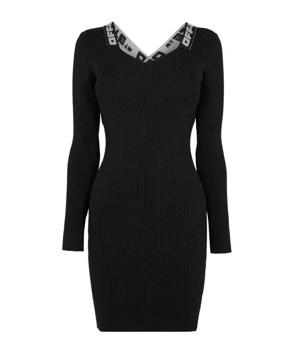 Off-White Long-sleeved Ribbed Mini Dress With Logo Detail
