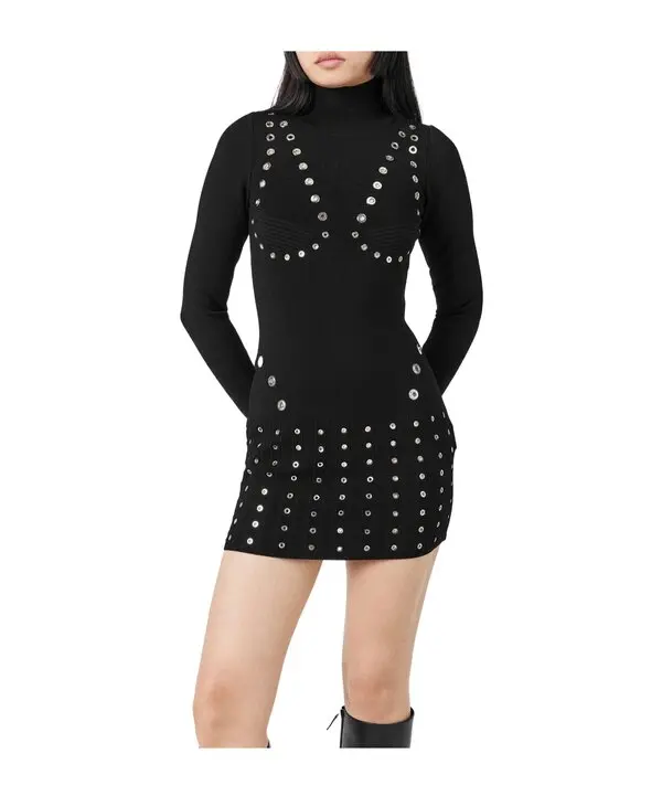 Off-White Knit High-neck Long-sleeve Studded Mini Dress