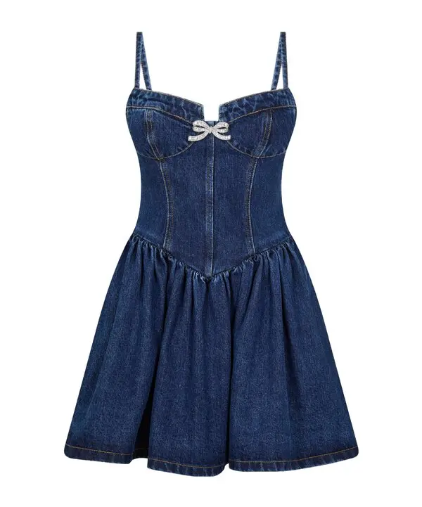 SELF-PORTRAIT Denim Mini Dress With Bow Detail