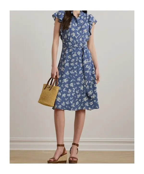 Ralph Lauren Floral Print Belted Dress With Ruffled Cuffs