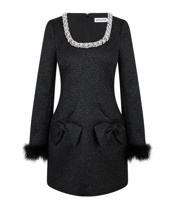 SELF-PORTRAIT Sequined Square Neck Long Sleeve Mini Dress With Fur Trim