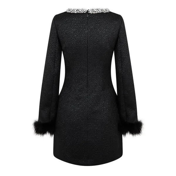 SELF-PORTRAIT Sequined Square Neck Long Sleeve Mini Dress With Fur Trim