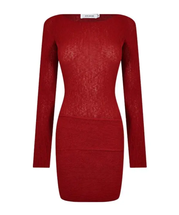 AYA MUSE Ribbed Knit Mini Dress With Boat Neck And Wrap Detail