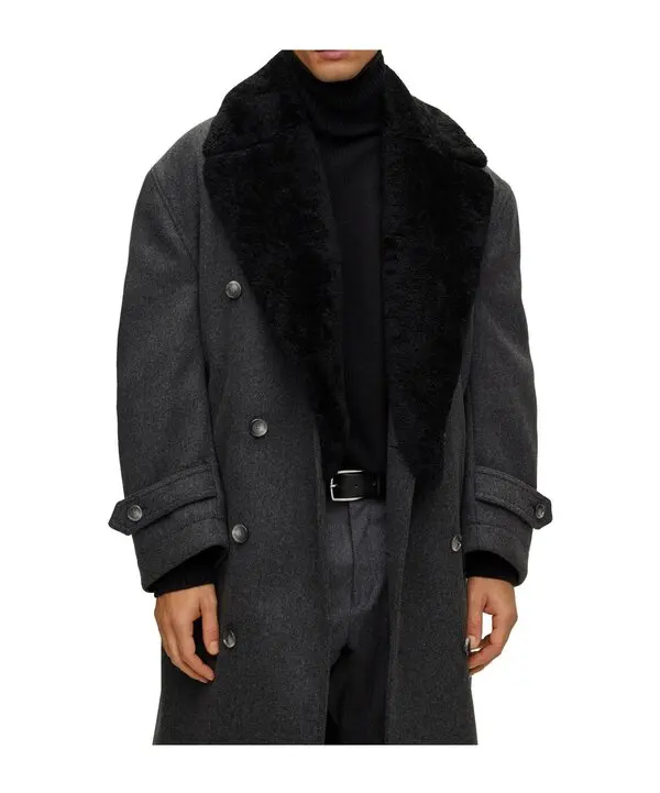 Hugo Boss Double-breasted Wool Coat With Fur Collar