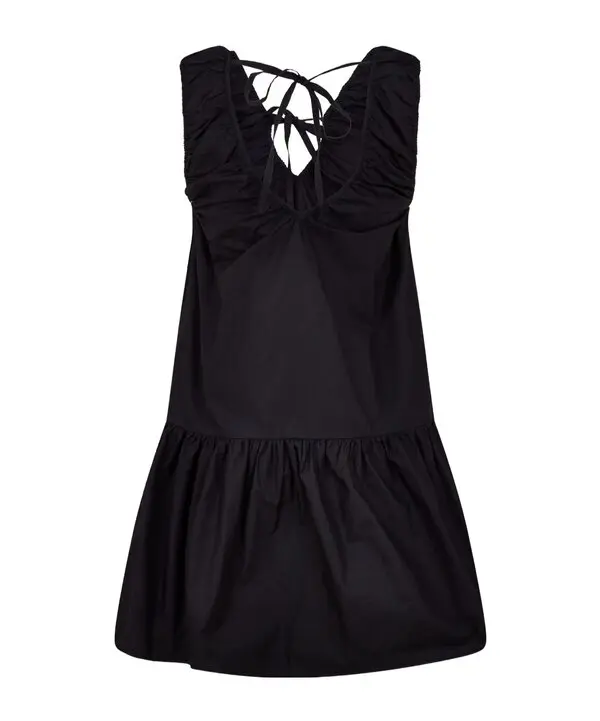 GANNI Cotton Poplin Mini Dress With Ruched Bust And Open Back Lace-up - Black