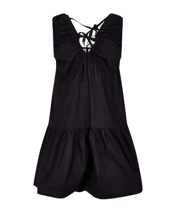 GANNI Cotton Poplin Mini Dress With Ruched Bust And Open Back Lace-up - Black