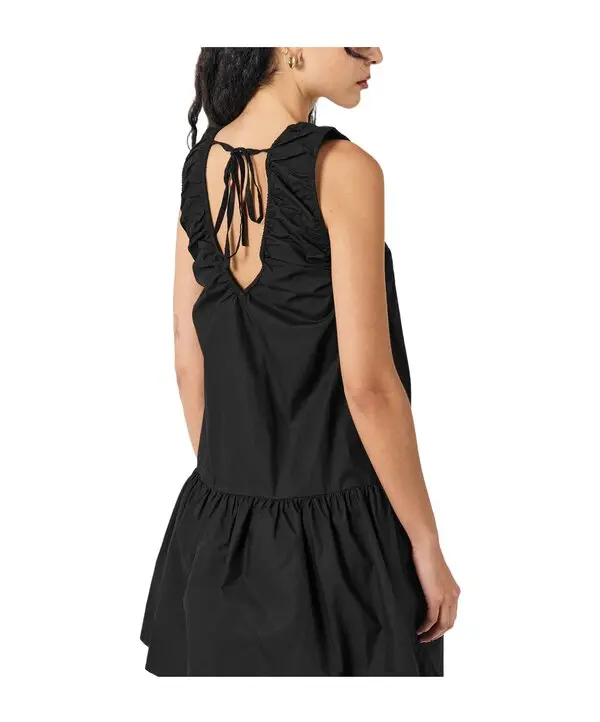 GANNI Cotton Poplin Mini Dress With Ruched Bust And Open Back Lace-up - Black