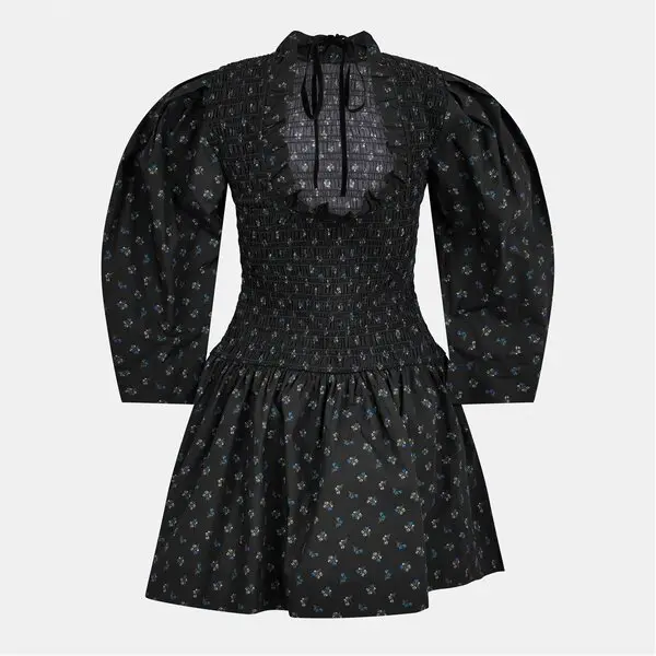 GANNI Printed Ruffled Tie-waist Mini Dress