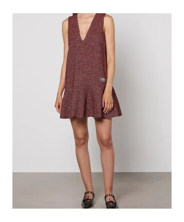 GANNI Plaid V-neck Mini Dress - Brown