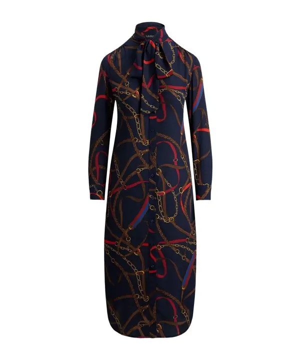 Ralph Lauren Long Sleeve Midi Shirt Dress With Equestrian Print And Tie Neck - Black