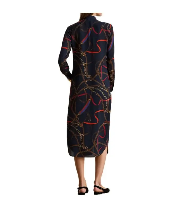 Ralph Lauren Long Sleeve Midi Shirt Dress With Equestrian Print And Tie Neck