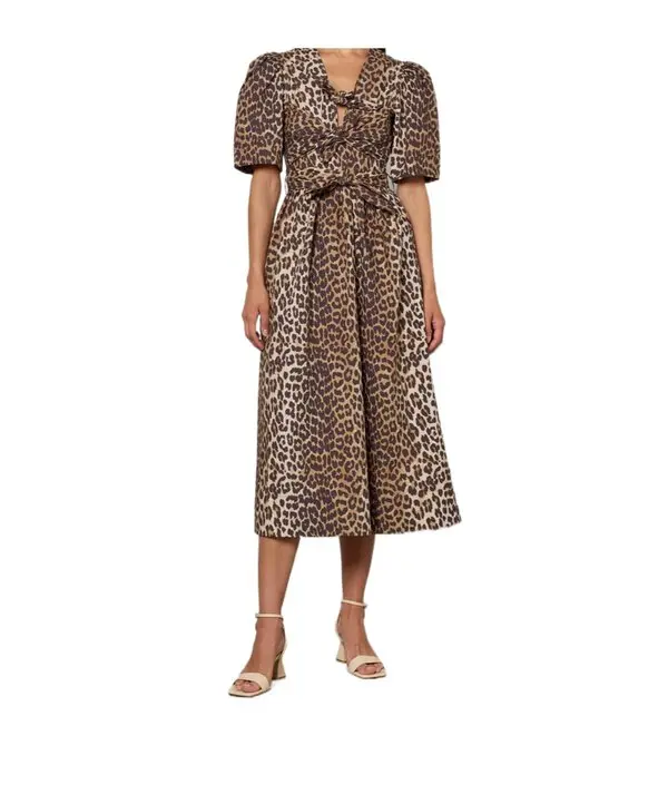 GANNI Leopard Print Short Sleeve Midi Dress With Tie Waist