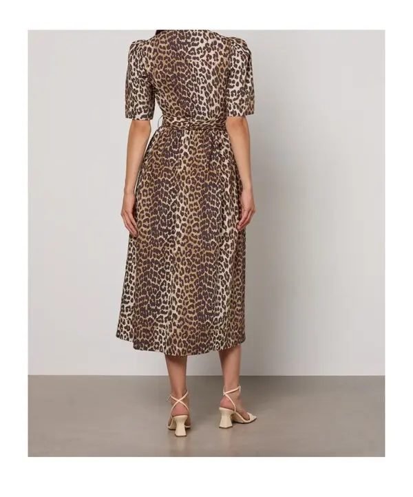 GANNI Leopard Print Short Sleeve Midi Dress With Tie Waist