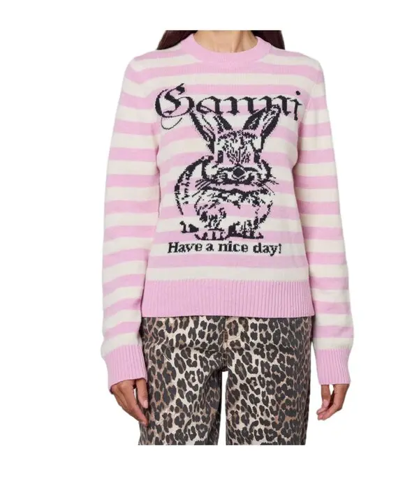 GANNI Striped Crew Neck Sweater - Pink