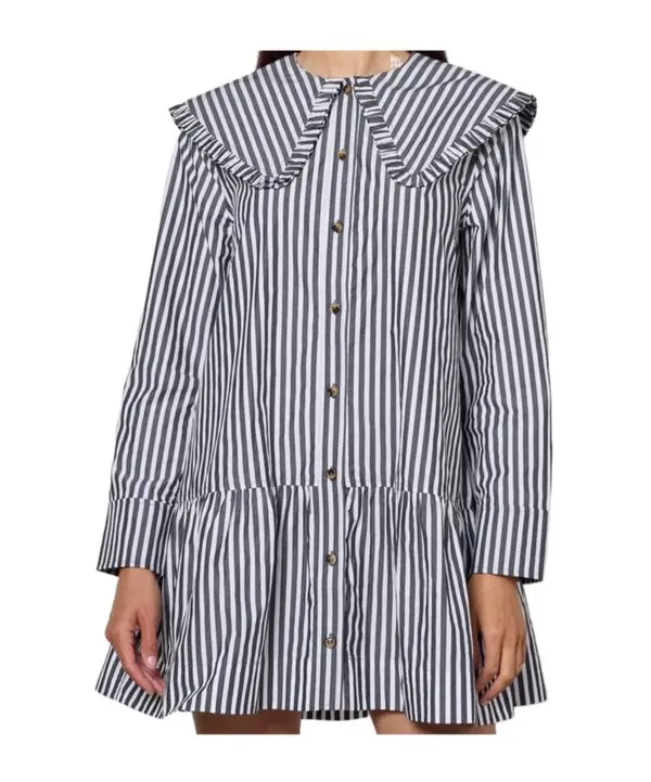 GANNI Long-sleeved Striped Shirt Dress With Ruffled Collar