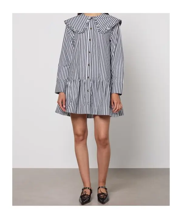 GANNI Long-sleeved Striped Shirt Dress With Ruffled Collar