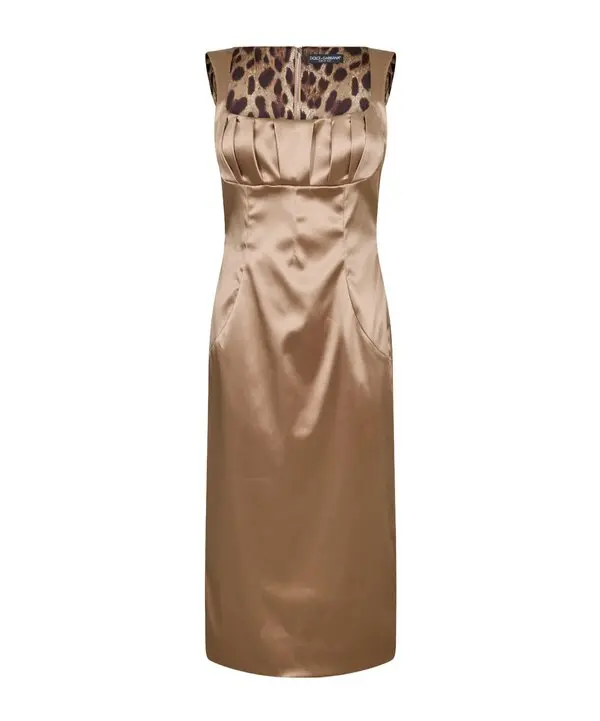 Dolce & Gabbana Sleeveless Leopard Print Detail Ruched Midi Dress
