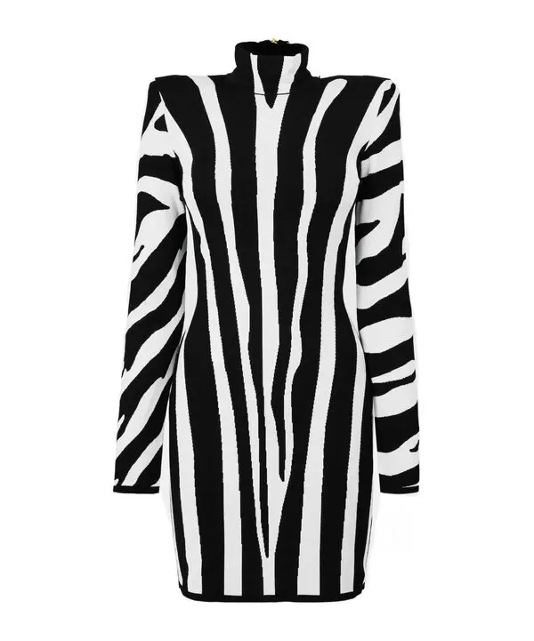 Balmain Zebra Print Mini Dress With Zip Up - Black