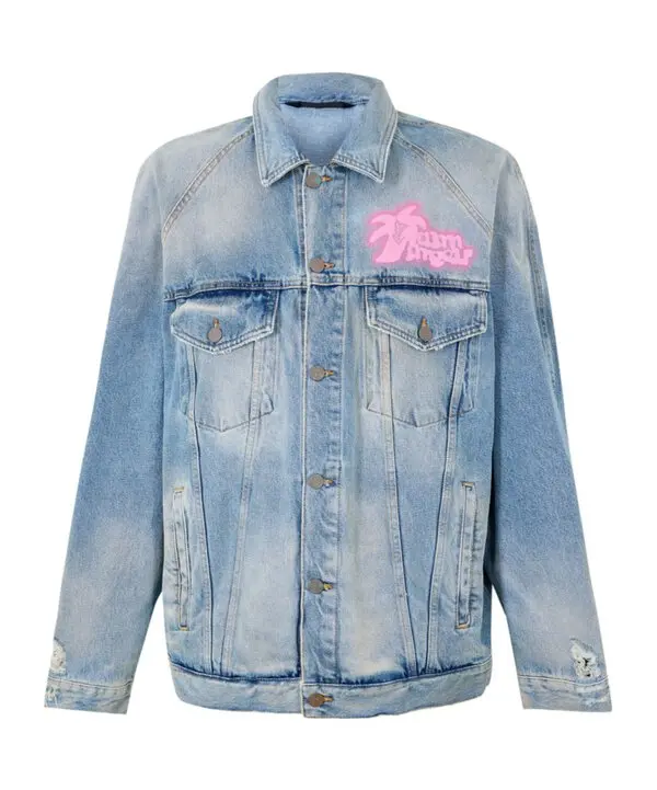 Palm Angels Single-breasted Denim Jacket With Pink Print