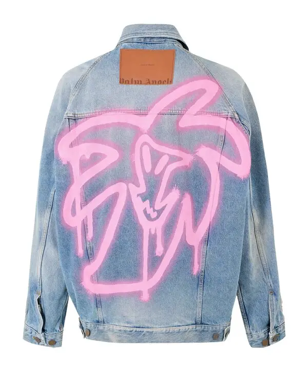 Palm Angels Single-breasted Denim Jacket With Pink Print