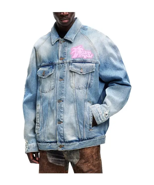 Palm Angels Single-breasted Denim Jacket With Pink Print