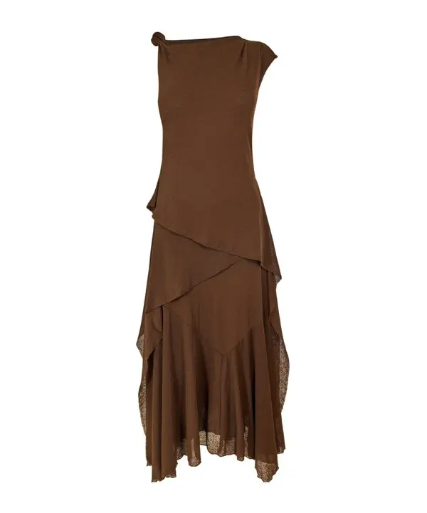 GANNI Sleeveless Off-shoulder Maxi Dress With Layered Ruffle Hem - Brown