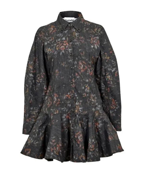 GANNI Printed Mini Dress With Lace Hem