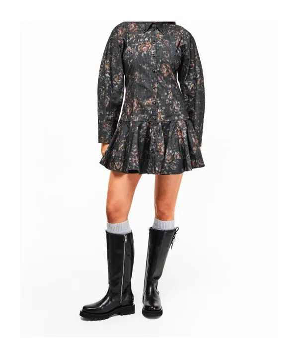 GANNI Printed Mini Dress With Lace Hem
