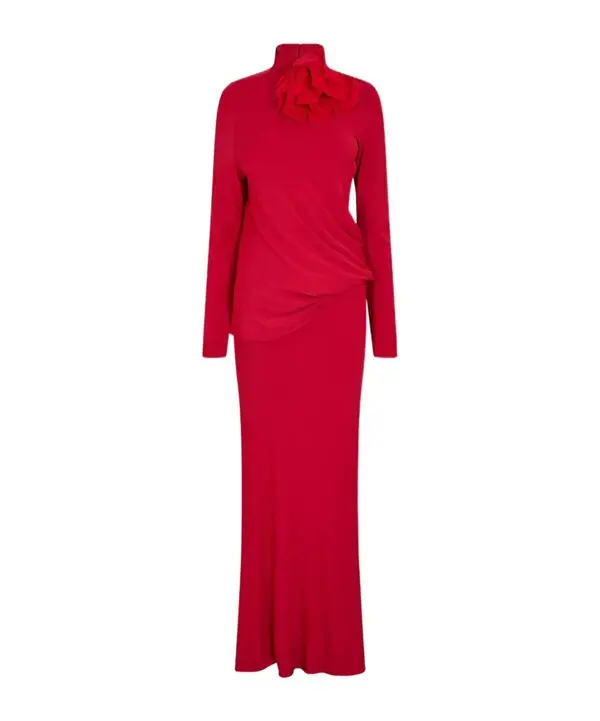 Magda Butrym Long Sleeve Draped Maxi Dress With Floral Neckline And Open Back