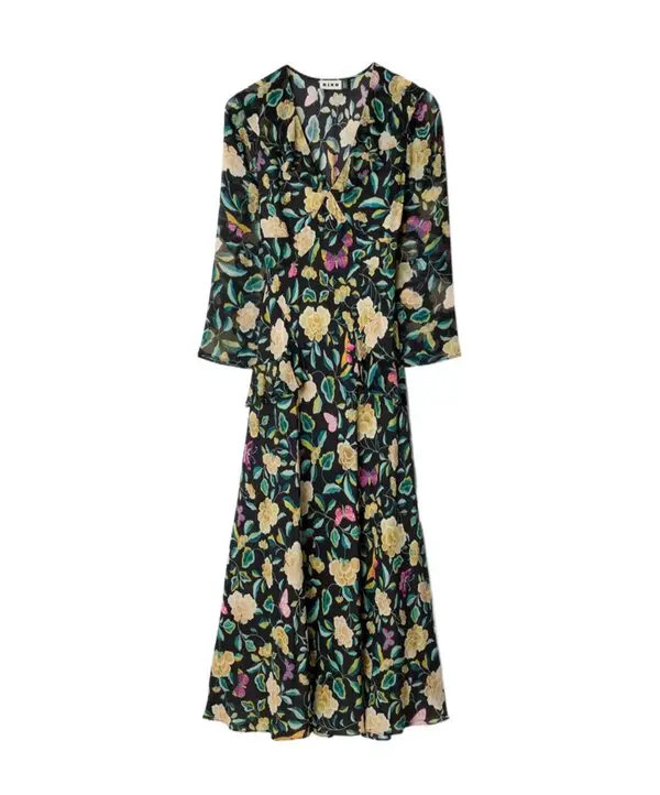 Rixo Cedar Printed Long Sleeve V-neck Dress