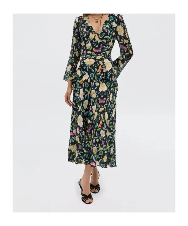 Rixo Cedar Printed Long Sleeve V-neck Dress